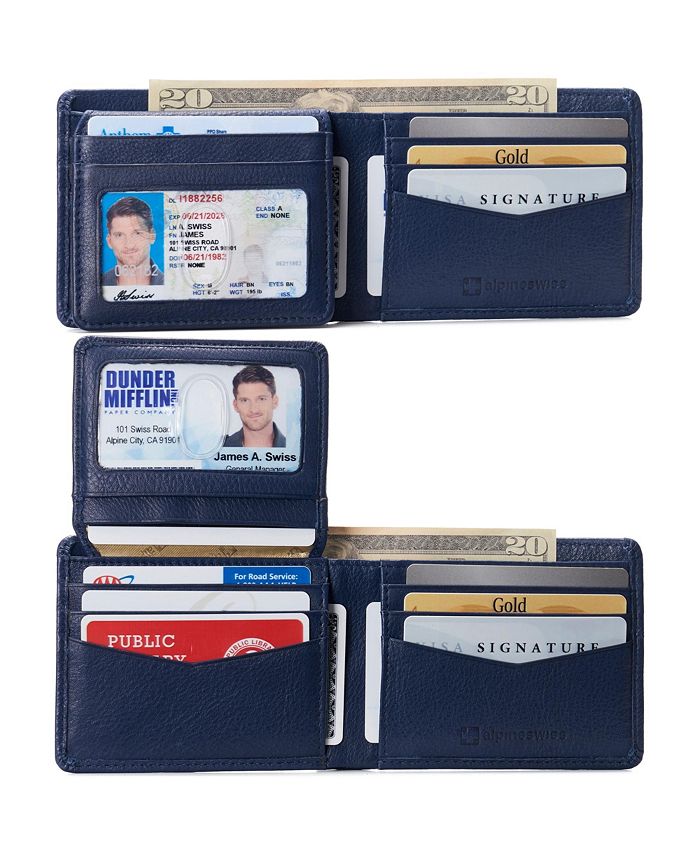 Alpine Swiss Mens Genuine Leather Passcase Bifold Wallet RFID Safe 2 ID ...