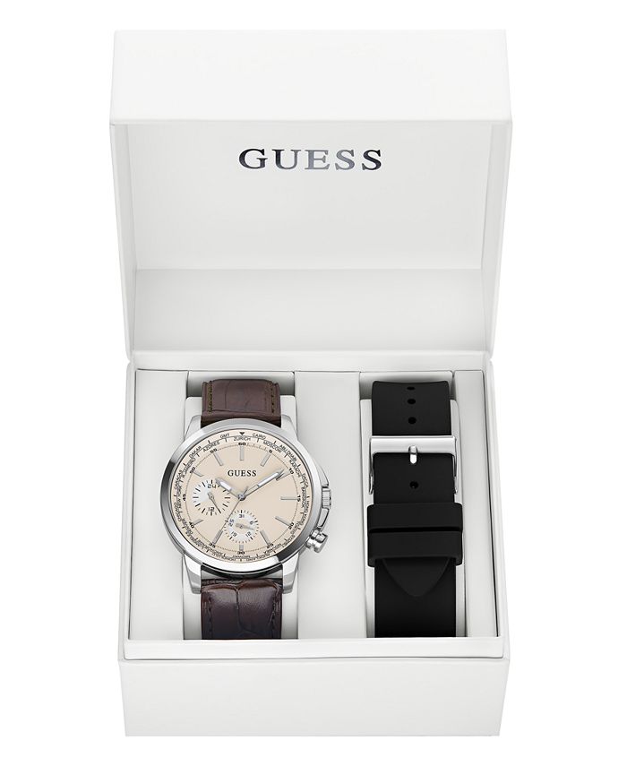 GUESS Men's Multi-Function Brown Genuine Leather Watch 44mm Gift Set ...
