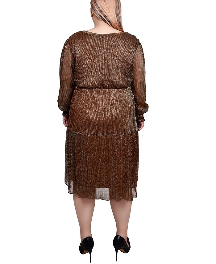 NY Collection Plus Size Long Sleeve Plisse Mesh Dress - Macy's