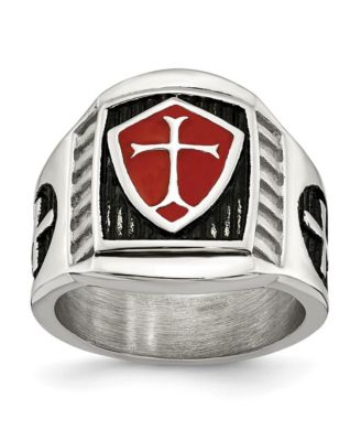 Chisel Stainless Steel Antiqued Polished Red Enamel Cross Shield Ring ...