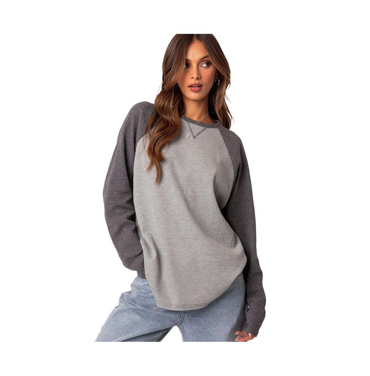 Click here for Edikted Womens Me Time oversized waffle top - Gray... prices