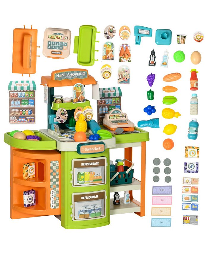 Qaba 58Pcs Grocery Store Pretend Play Kids Trolley with Cash Register ...