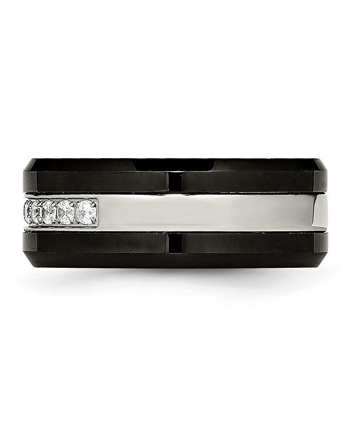 Chisel Stainless Steel Polished Black Ceramic CZ Beveled Edge Ring - Macy's