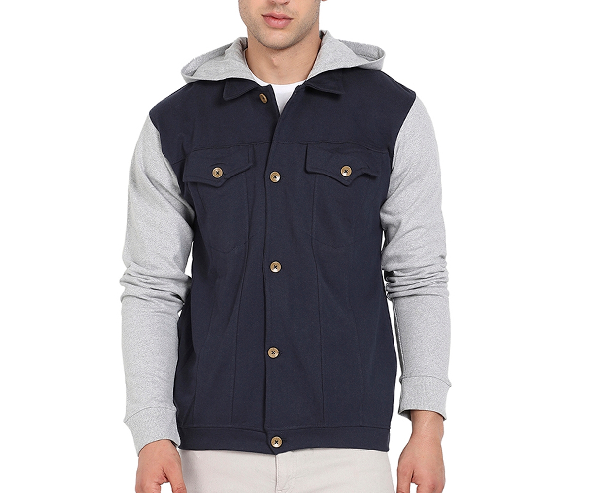 Click here for Campus Sutra Mens Grey & Navy Blue Button-Front Ja... prices