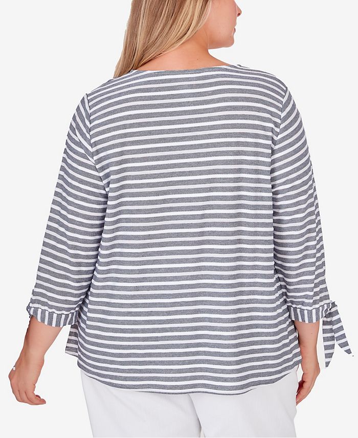 Ruby Rd. Plus Size V-neck Light Weight Stripe Knit Top with Tie Sleeve ...
