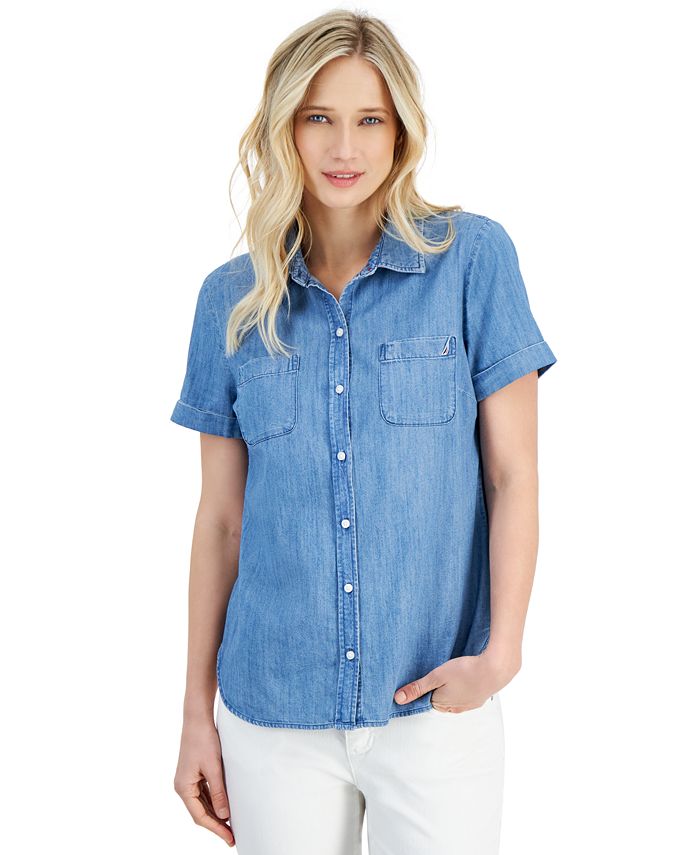 Nautica Jeans Women's Chambray Button-Down Short-Sleeve Camp Shirt - Macy's