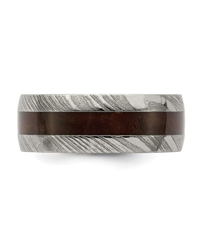 Chisel Damascus Steel Polished with Ebony Wood Inlay 8mm Band Ring - Macy's