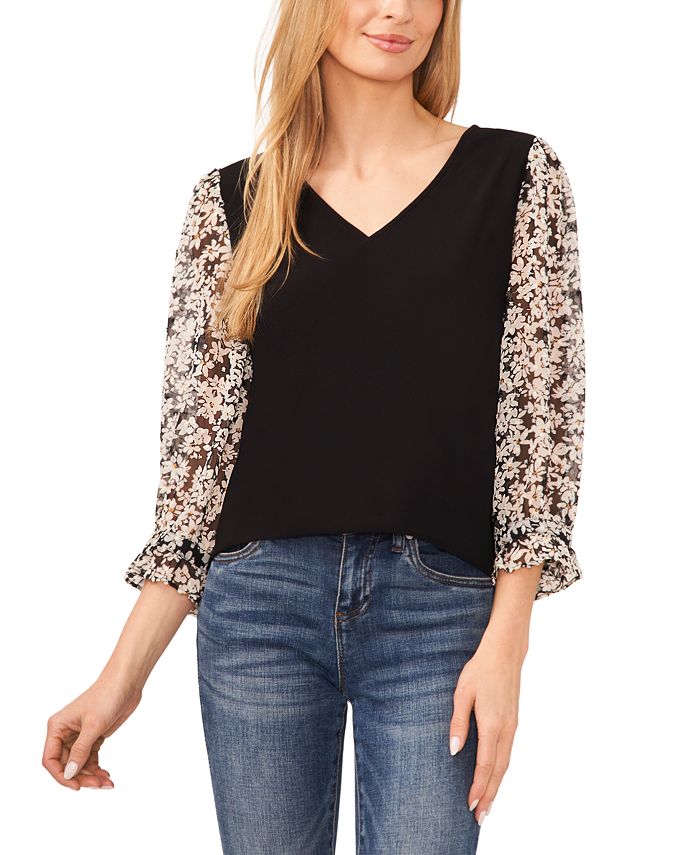 CeCe Women's Floral V-Neck Mix-Media 3/4-Sleeve Knit Top - Macy's