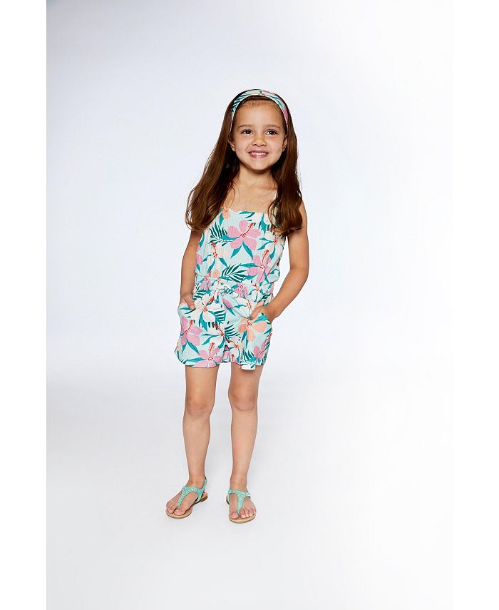 Deux par Deux Girl Crinkle Jumpsuit Blue Printed Beach Hibiscus ...