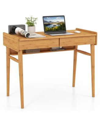 Costway Bamboo Writing Desk 39.5 Computer Study Desk with 2 Storage Drawers Open Shelf Macy s