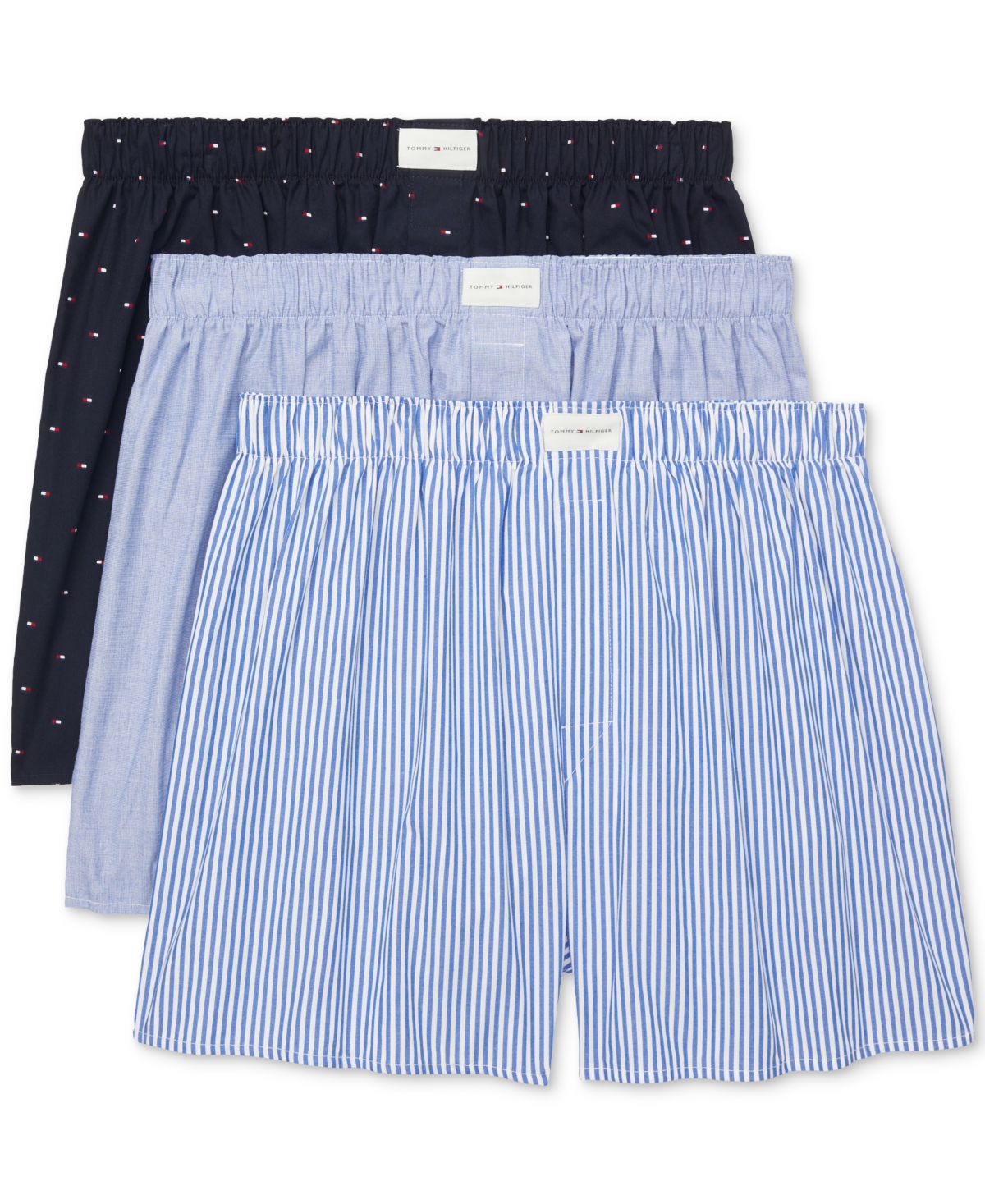 Tommy Hilfiger Mens 3-Pack Classic Printed Cotton Poplin Boxers - Pacific