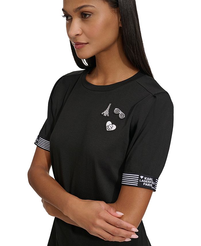 KARL LAGERFELD PARIS Women's Round-Neck Short-Sleeve Logo Top - Macy's