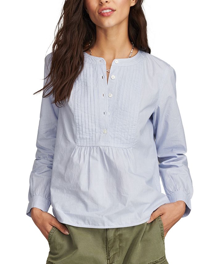 Lucky Brand Women's Striped Cotton Pintuck-Bib Blouse - Macy's