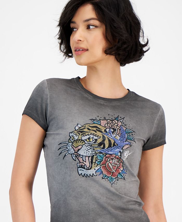 GUESS Women's Embellished-Tiger Short-Sleeve Crewneck Top - Macy's