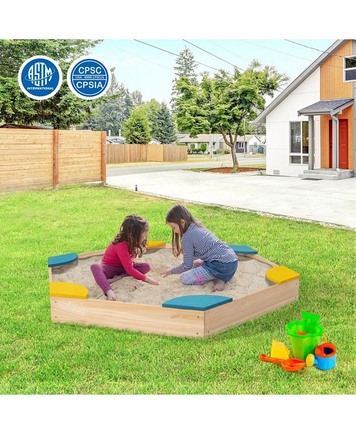 Slickblue Outdoor Solid Wood Sandbox with 6 Built-in Fan-shaped Seats ...
