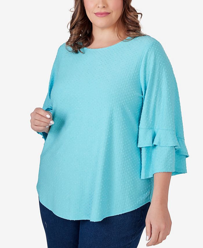 Ruby Rd. Plus Size Seaside Swiss Dot Textured Ruffle Sleeve Top - Macy's