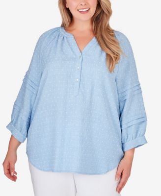 Ruby Rd. Plus Size Chambray Solid Clip Dot Blouse - Macy's