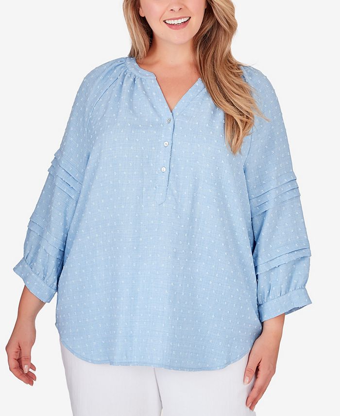 Ruby Rd. Plus Size Chambray Solid Clip Dot Blouse - Macy's