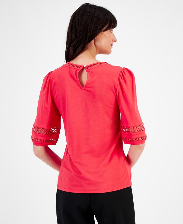 Anne Klein Women's Harmony Knit Open-Trim Elbow-Sleeve Top, Created for ...
