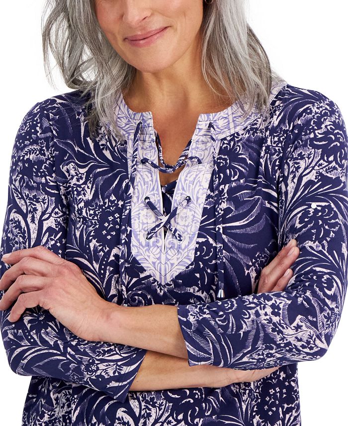 JM Collection Petite Mixed-Print Lace-Up Knit Tunic, Created for Macy's ...