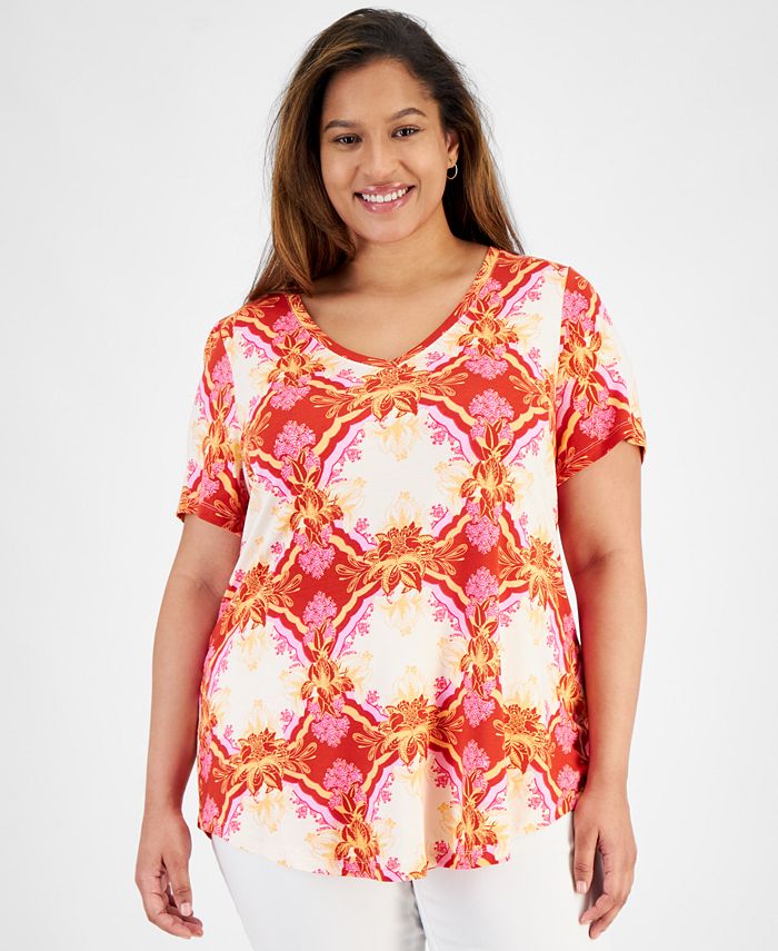 JM Collection Plus Size Lush Print V-Neck Top, Created for Macy's - Macy's