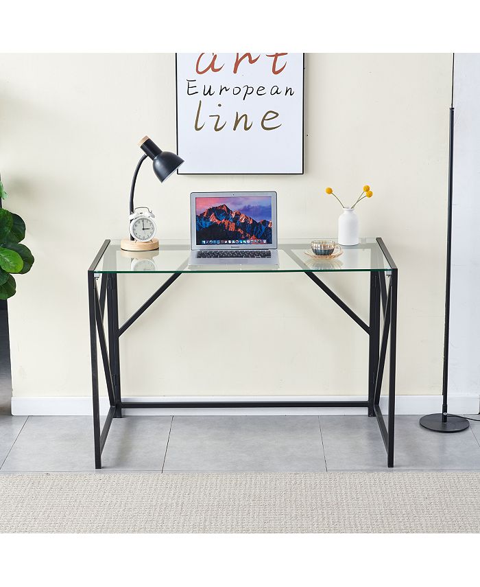 Simplie Fun Tempered Clear Glass Computer Desk, Laptop Desk Transparent ...