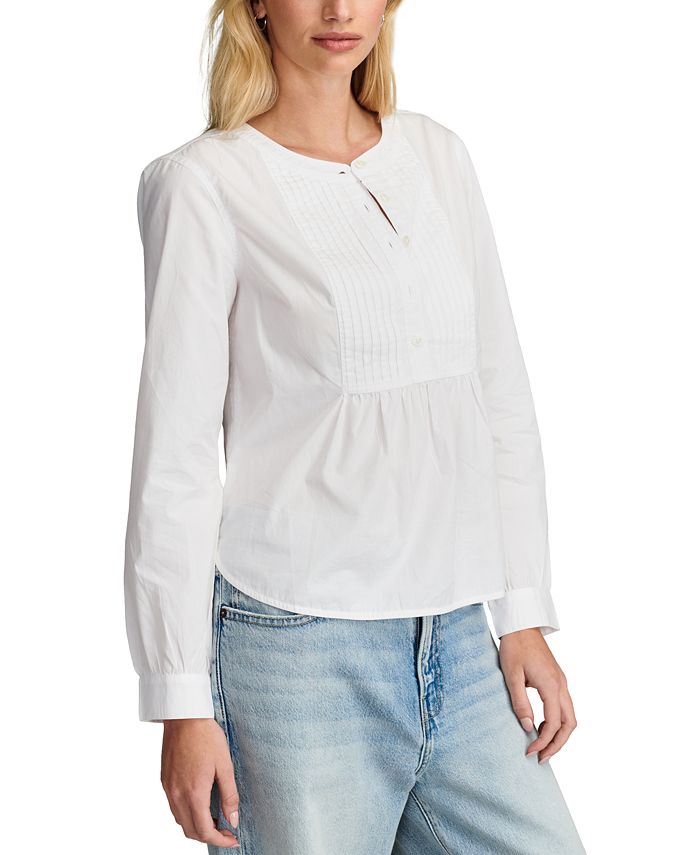 Lucky Brand Women's Striped Cotton Pintuck-Bib Blouse - Macy's