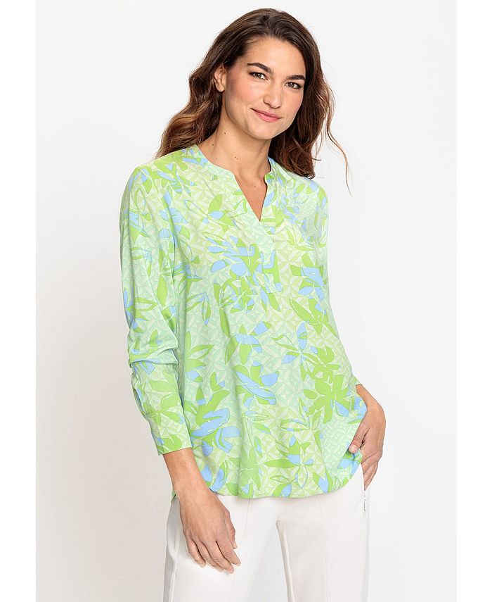 Olsen Blouse Woven Long Sleeves tunic-like neckline CHALLIS AOD Allover ...
