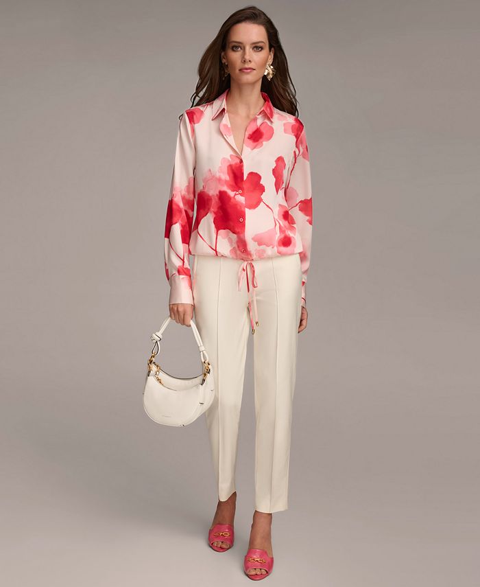 Donna Karan Women's Floral-Print Drawstring-Hem Shirt - Macy's
