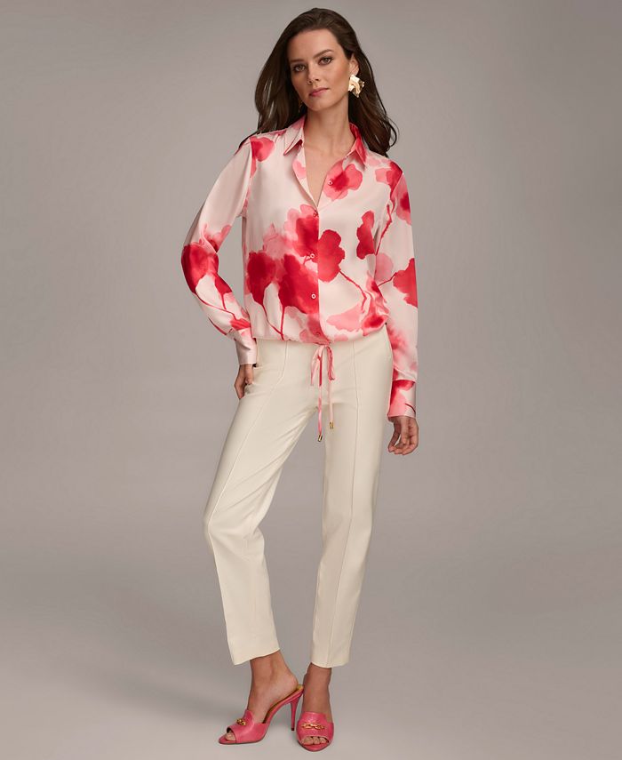 Donna Karan Women's Floral-Print Drawstring-Hem Shirt - Macy's