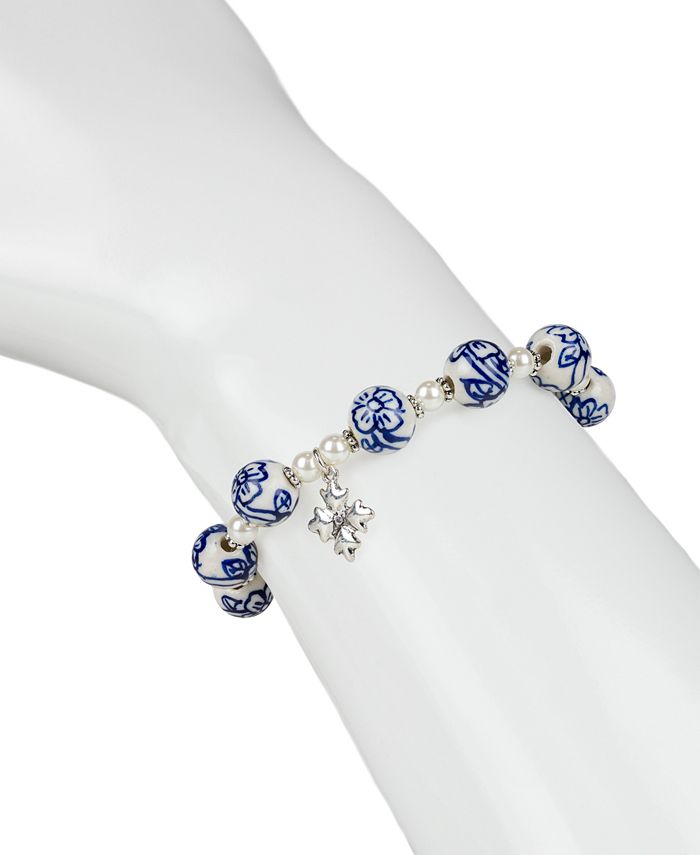 Patricia Nash Silver-Tone Imitation Pearl & Floral-Print Bead Stretch ...