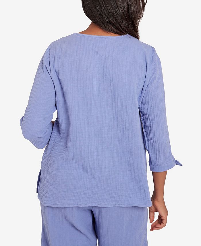 Alfred Dunner Women's Summer Breeze Embroidered Top with Tie Sleeves ...
