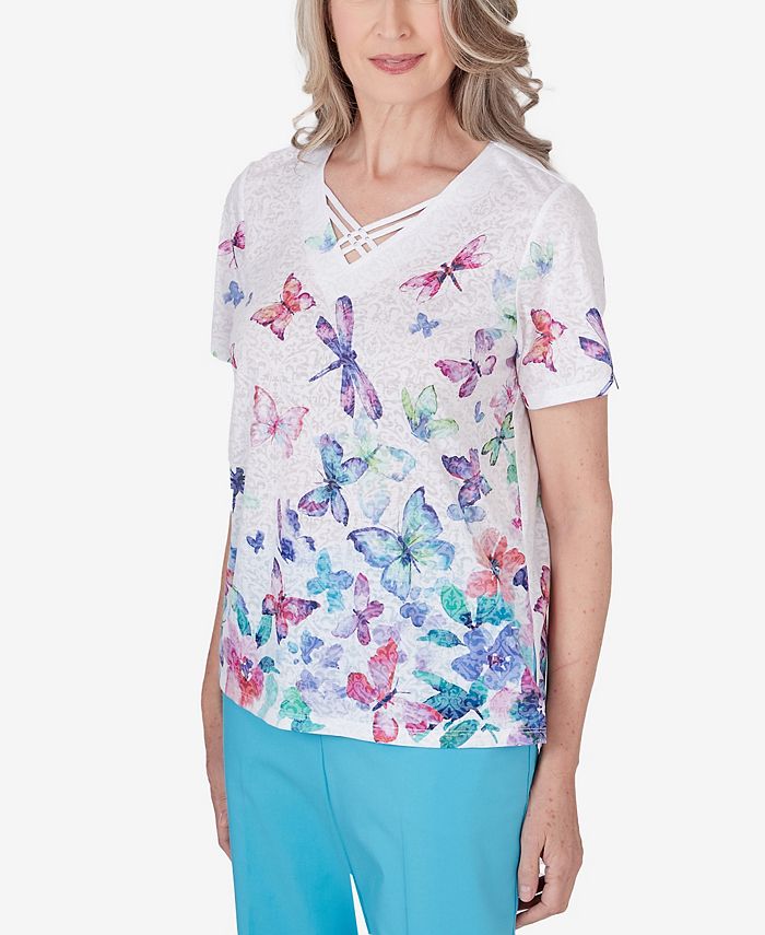 Alfred Dunner Petite Summer Breeze Butterfly Print Short Sleeve Top ...