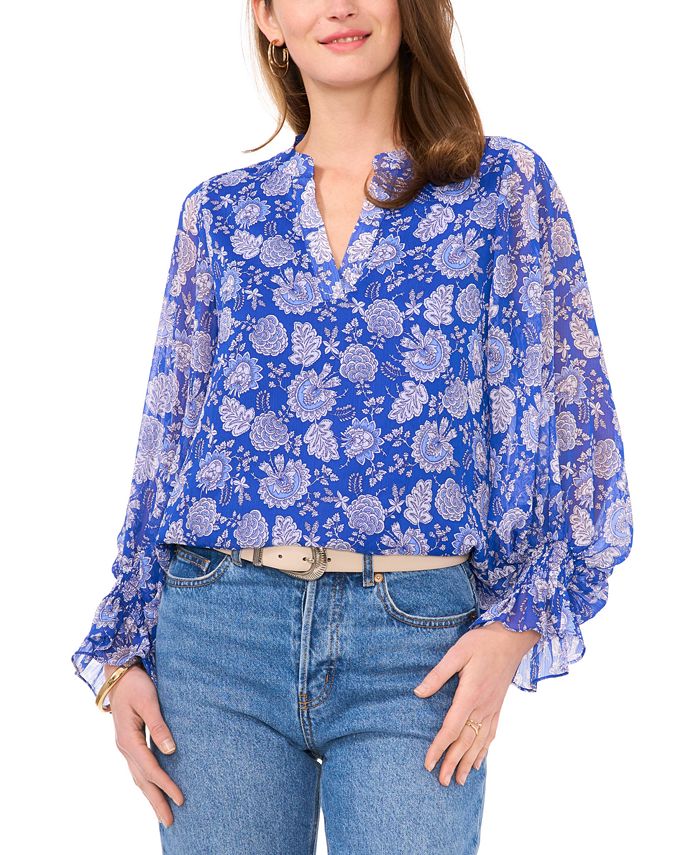 Vince Camuto Women's Split-Neck Smocked-Cuff Blouse - Macy's