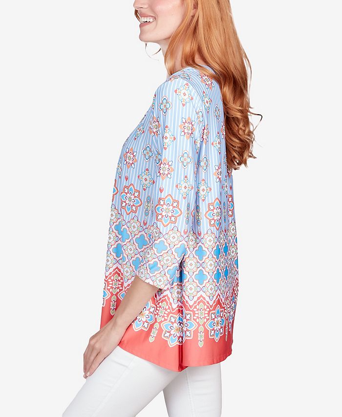 Ruby Rd. Petite Tile Pull Border Print Sharkbite Top - Macy's