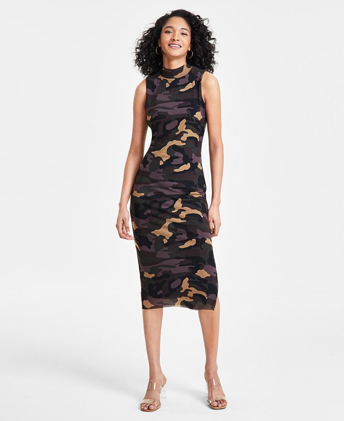 Bar III Women's Camo-Print Mock-Neck Sleeveless Mesh Midi Dress ...
