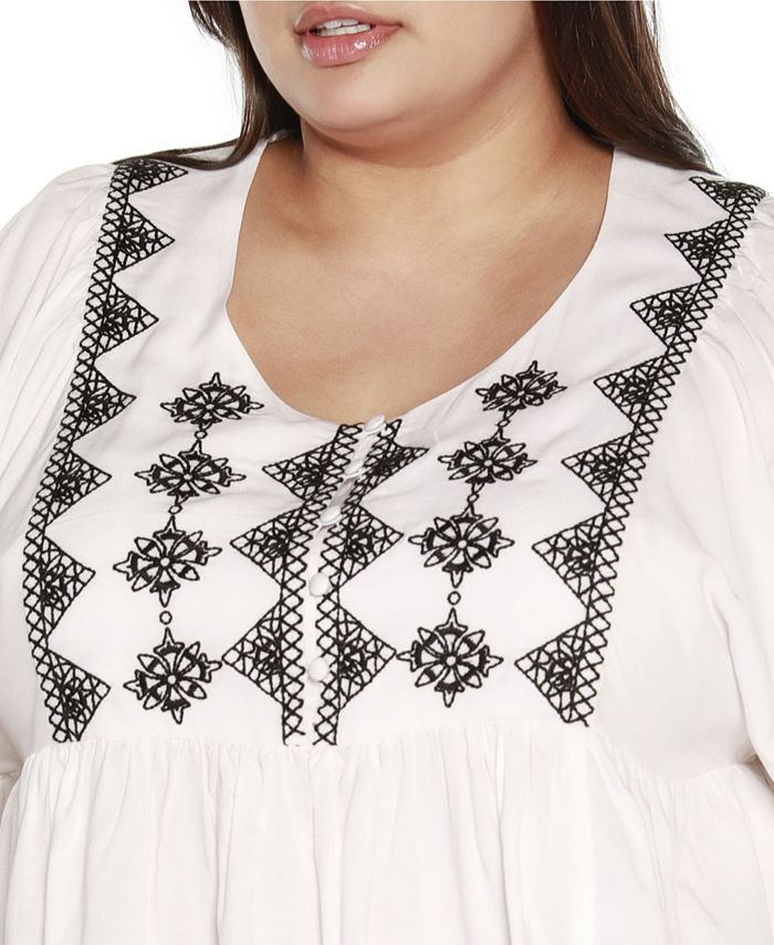 Belldini Black Label Plus Size Embroidered Boho Fit and Flare Top - Macy's