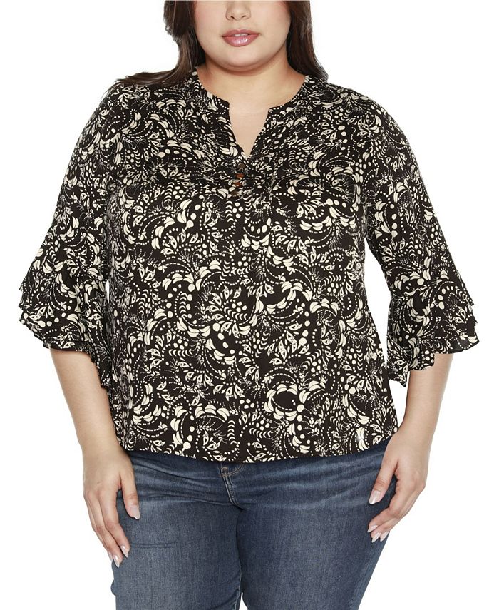 Belldini Black Label Plus Size Printed Ruffle Sleeve Top - Macy's