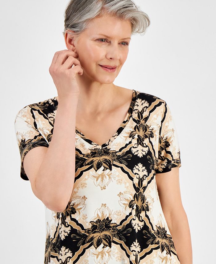 JM Collection Women's Printed V-Neck Short-Sleeve Knit Top, Created for ...