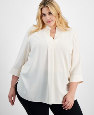 Anne Klein Plus Size Split-Neck 3/4-Sleeve Tunic Top - Macy's