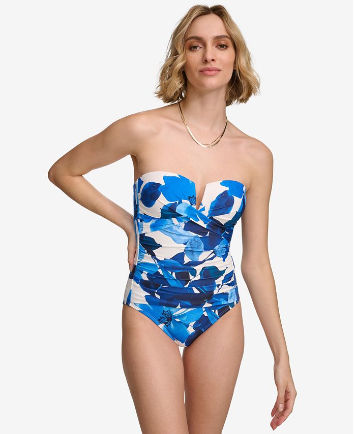 Calvin Klein Womens Shirred Tummy Control Split Cup Bandeau One Piece