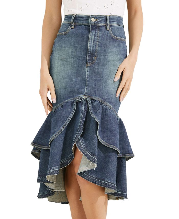 GUESS Women's Marina Ruffled-Hem Denim Skirt - Macy's