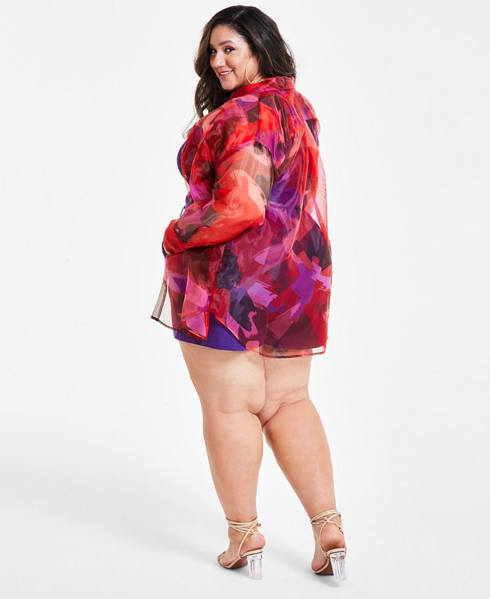 Nina Parker Trendy Plus Size Printed Organza Oversized Shirt - Macy's