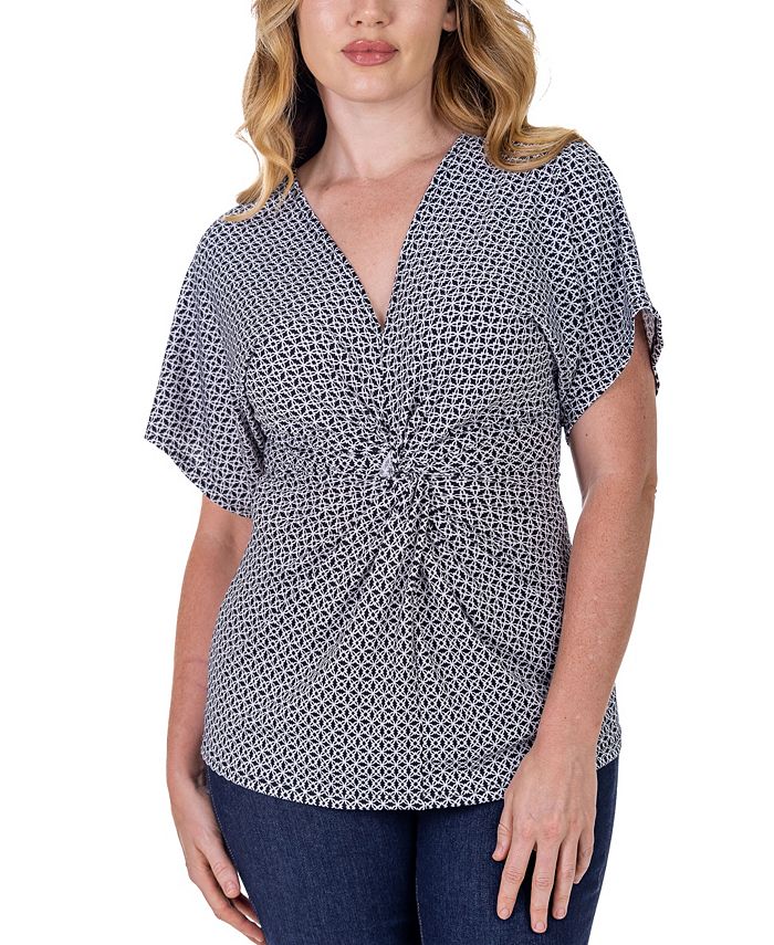 24seven Comfort Apparel V Neck Geometric Print Knot Front Kimono Sleeve ...