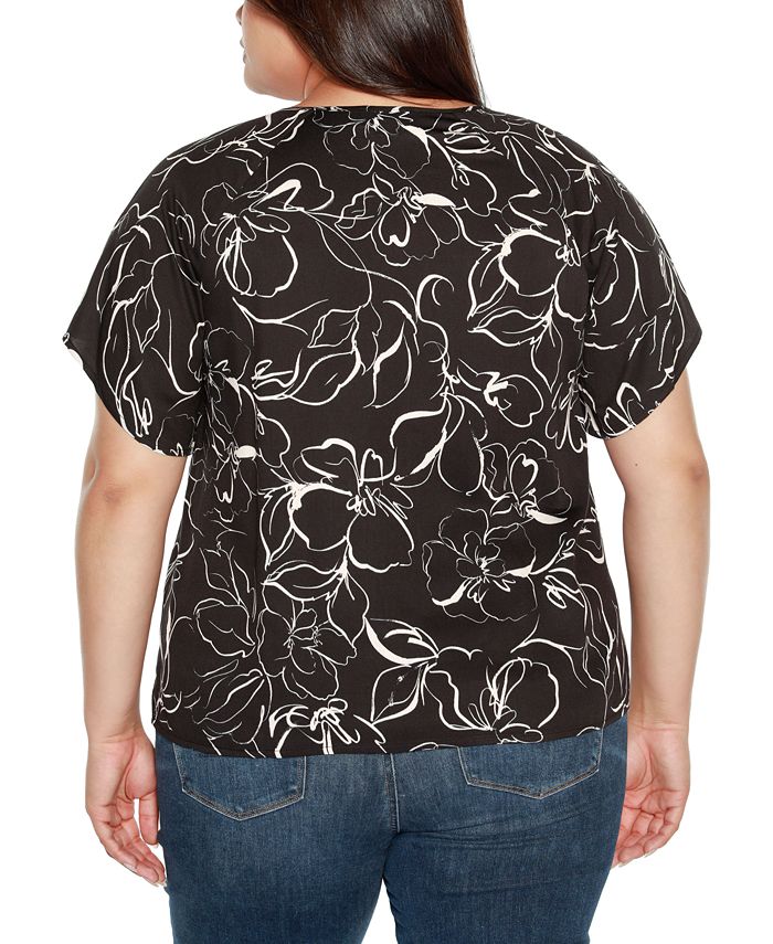 Belldini Black Label Plus Size Embellished Tie Neck Flutter Sleeve Top ...