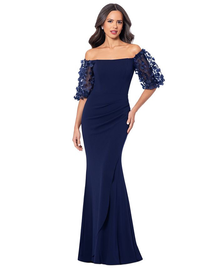 XSCAPE Off-The-Shoulder Floral-Sleeve Gown - Macy's