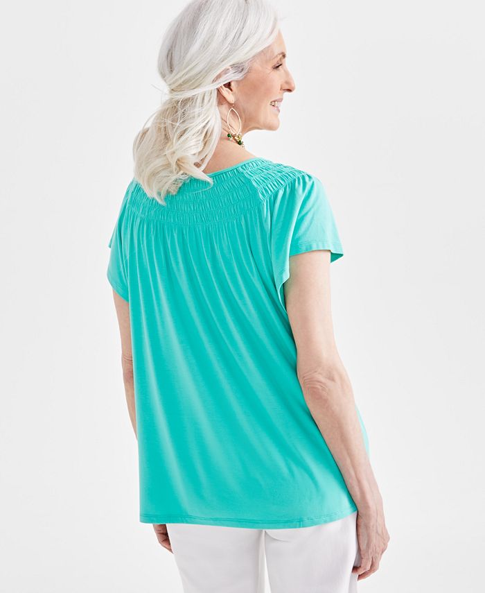 Style & Co Women's Short-Sleeve Smocked-Neck Knit Top, Created for Macy ...