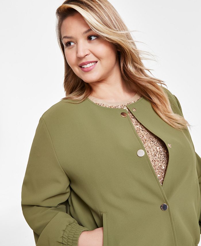 Anne Klein Plus Size Twill Collarless Snap-Front Bomber Jacket - Macy's