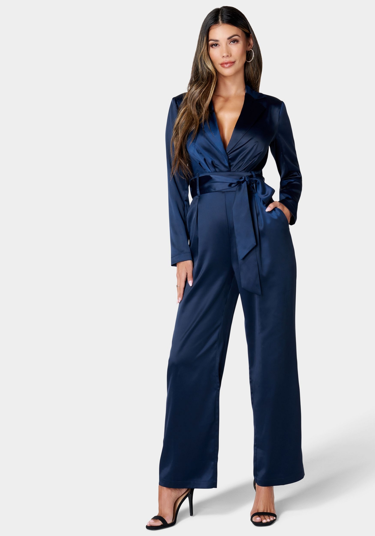 Click here for Bebe Womens Satin Blazer Jumpsuit - Navy prices