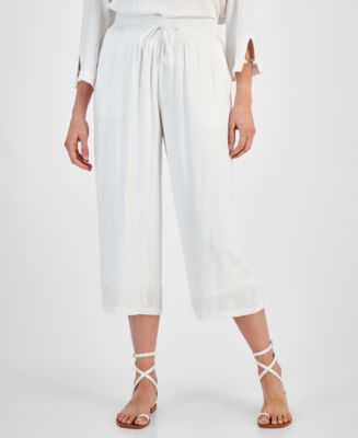 JM Collection Women's Linen Blend Smocked-Waist Cropped Pants, Created ...